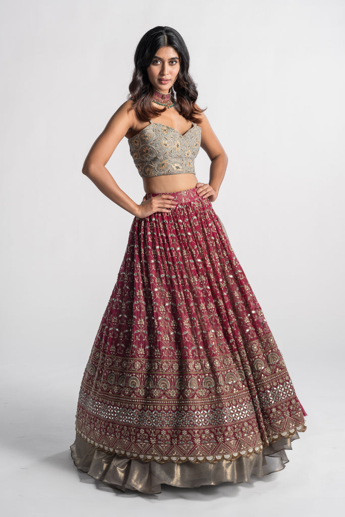 RAYA BURGUNDY OVERLAY LEHENGA | Nandita Thirani